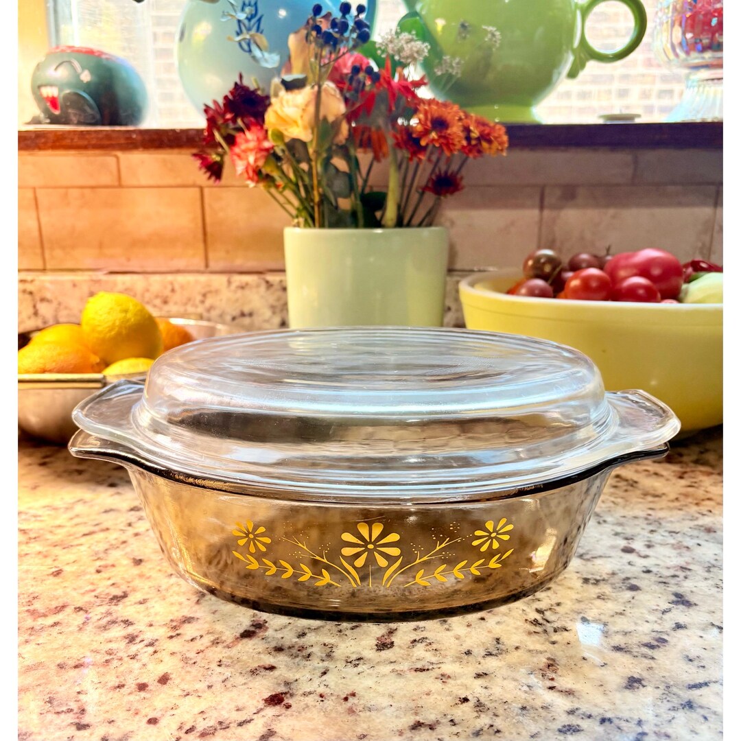 Vintage Fire-king Amber Daisy Casserole With Lid, 1970s Anchor Hocking ...