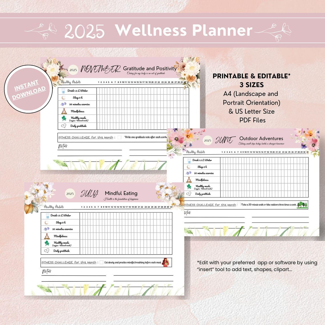 2025 Wellness Printable Planner, Wellness Planner, Health Planner, Self ...