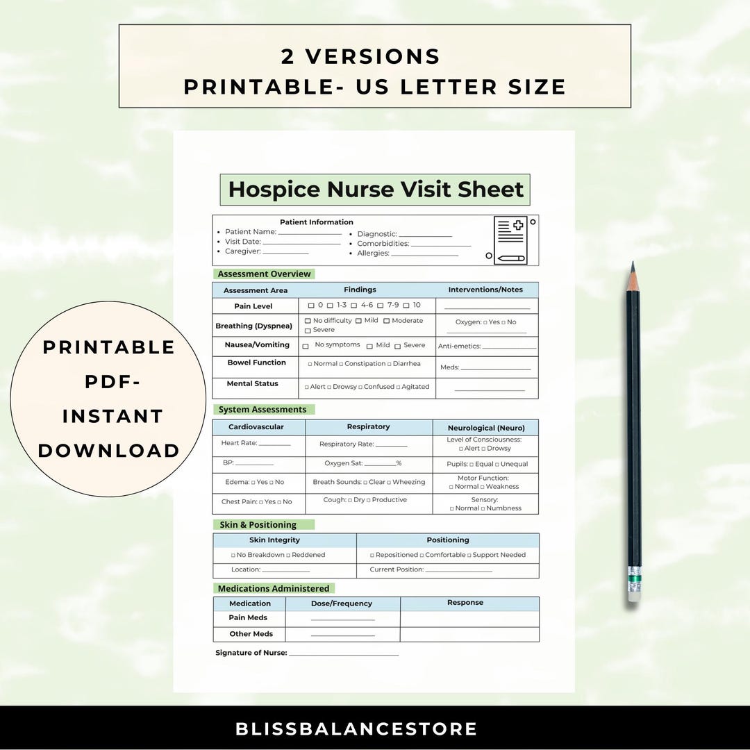Hospice Nurse Cheat Sheet, Printable Assessment Form, Nurse Visit Log ...