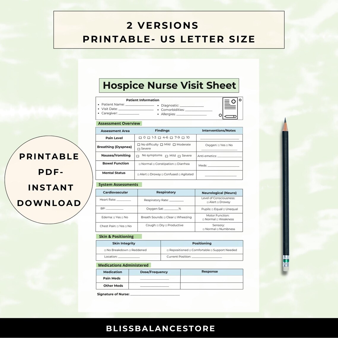 Hospice Nurse Cheat Sheet: Visit Assessment Form (PDF) - Etsy