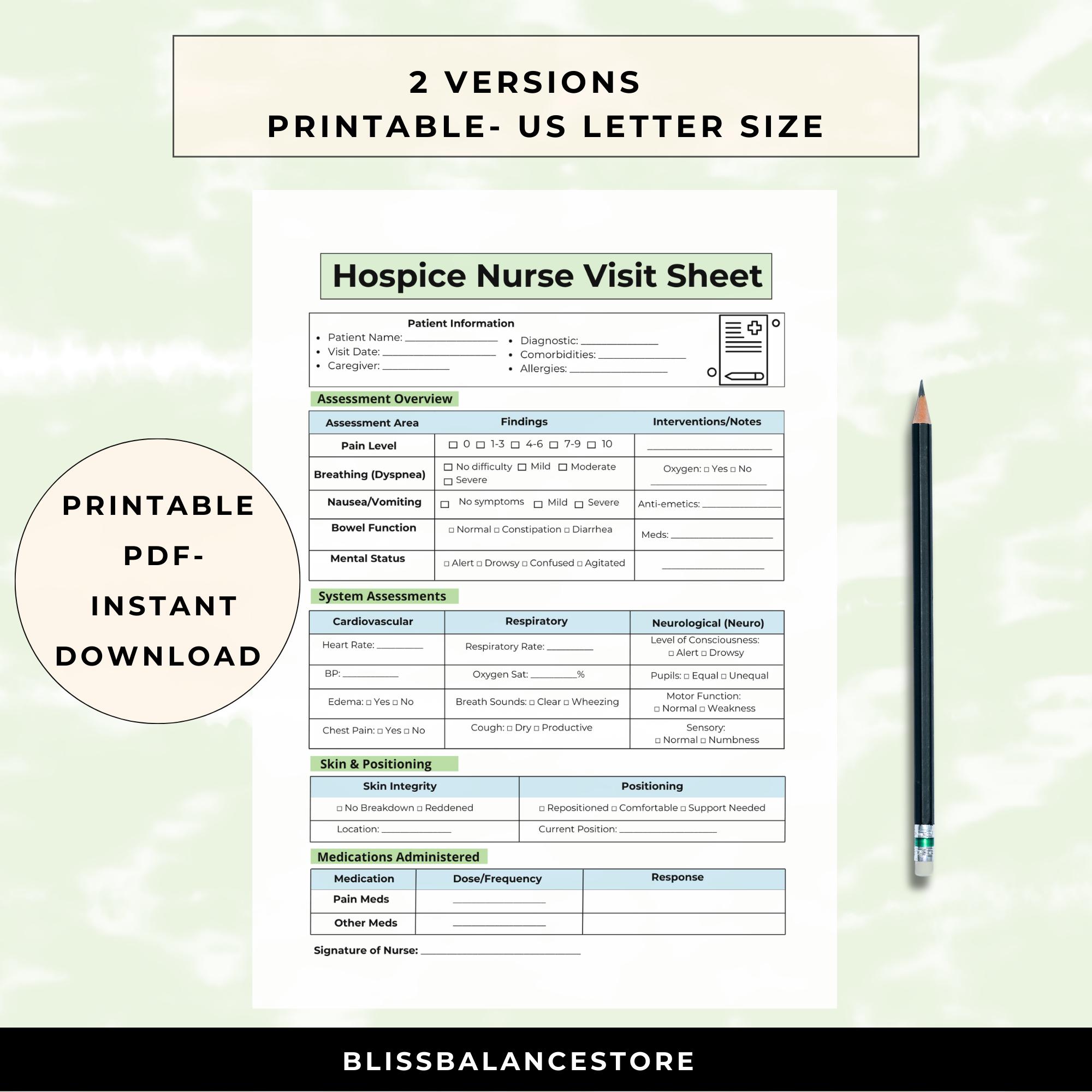 Hospice Nurse Cheat Sheet, Printable Assessment Form, Nurse Visit Log, Admission Checklist ...