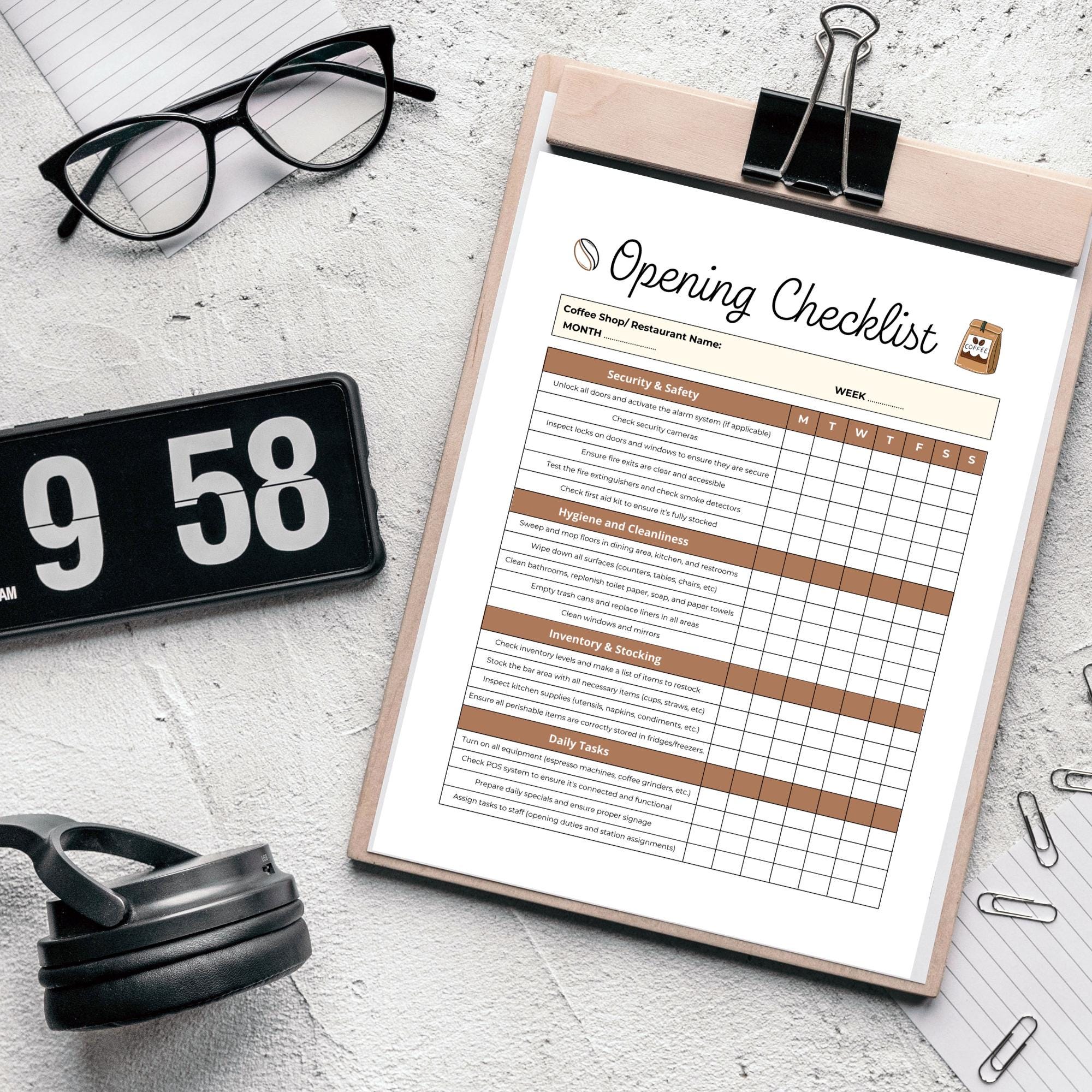 Coffee Shop Opening & Closing Checklist: Editable Restaurant Guide ...