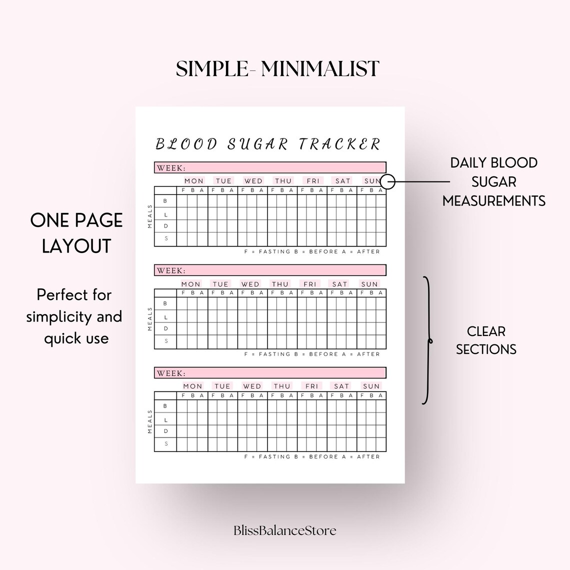 Printable Blood Sugar Tracker | Daily Glucose Log | Blood Sugar Log | 1-page Minimalist Design ...