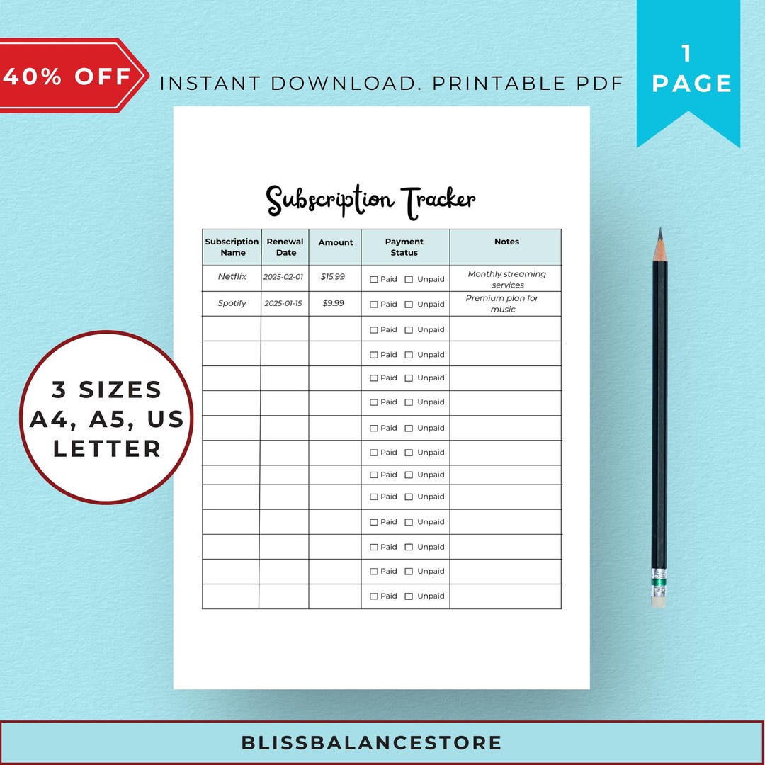 Subscription Tracker Printable: Budget Planner (A4/A5 Letter Size PDF ...