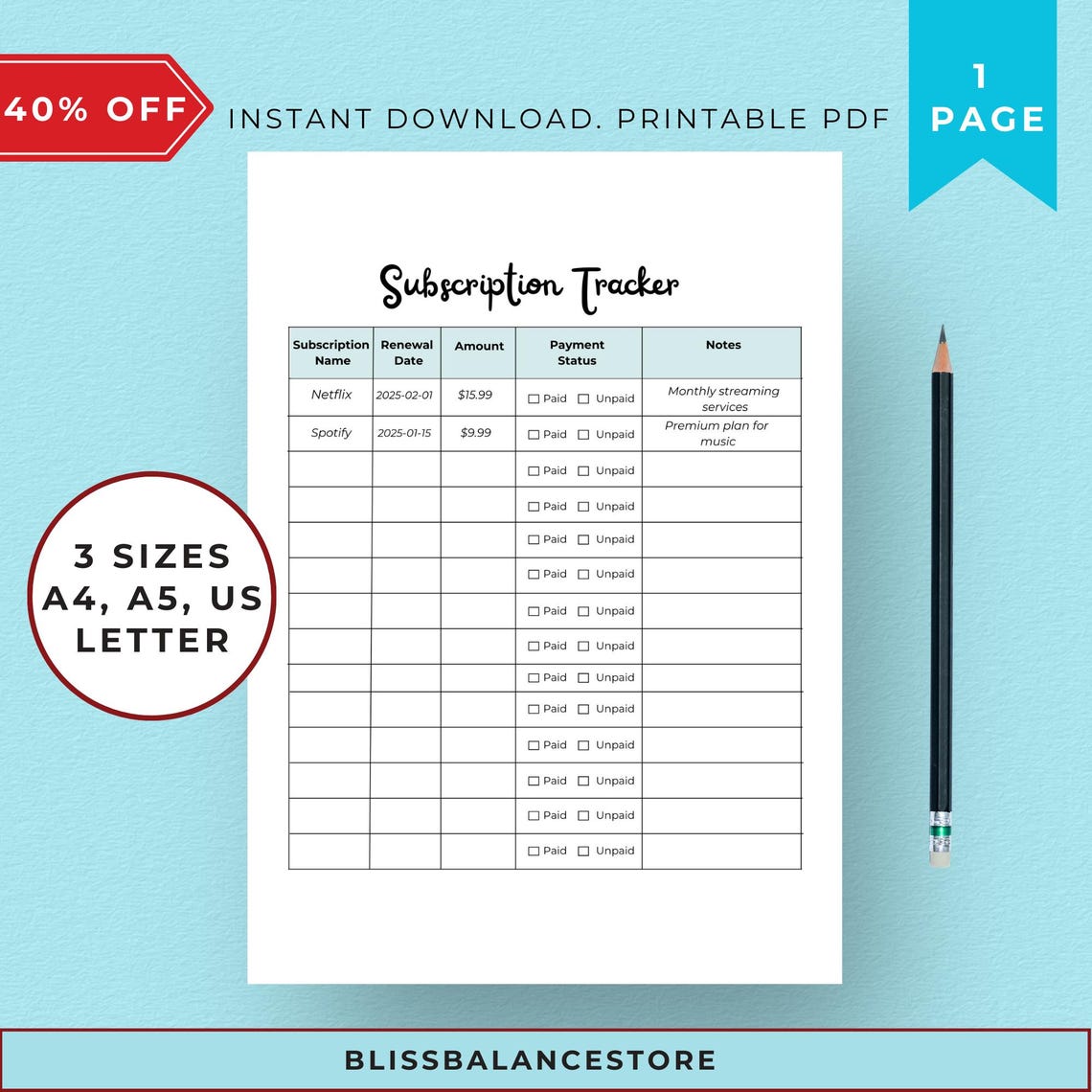 Subscription Tracker Printable: Budget Planner (A4/A5 Letter Size PDF ...
