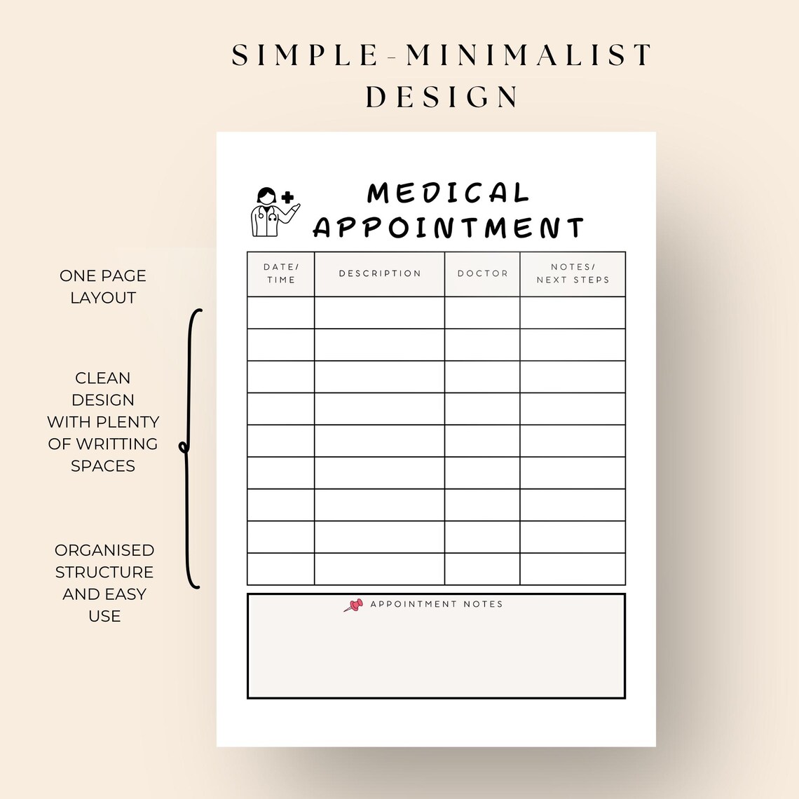 Printable Medical Appointment Tracker | Minimalist One-page Health ...
