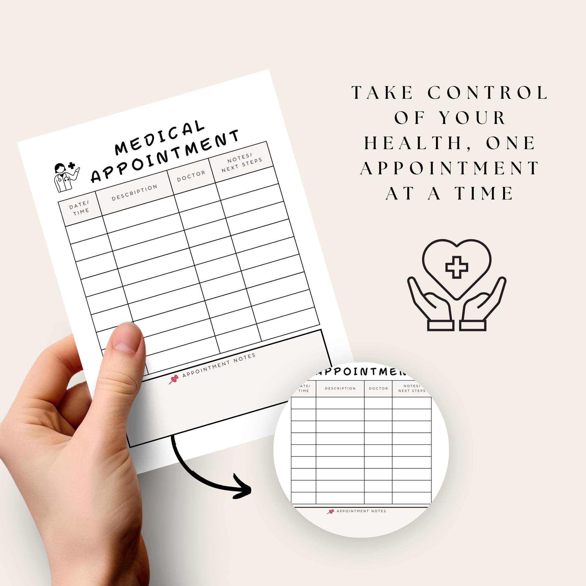 Printable Medical Appointment Tracker | Minimalist One-page Health ...