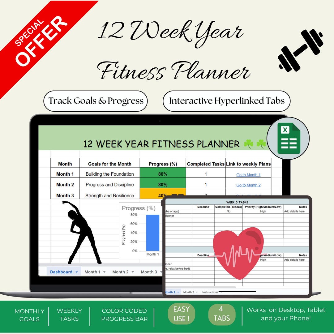 12 Week Year Planner Google Sheet Template Fitness Goal Tracker Workout Journal Progress Tracker ...