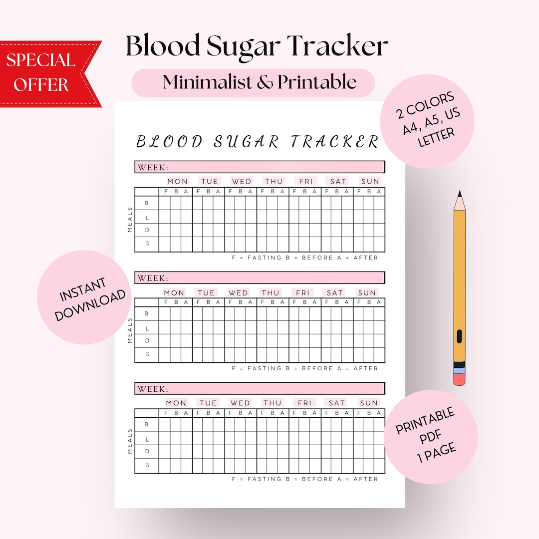 Printable Blood Sugar Tracker | Daily Glucose Log | Blood Sugar Log | 1 ...