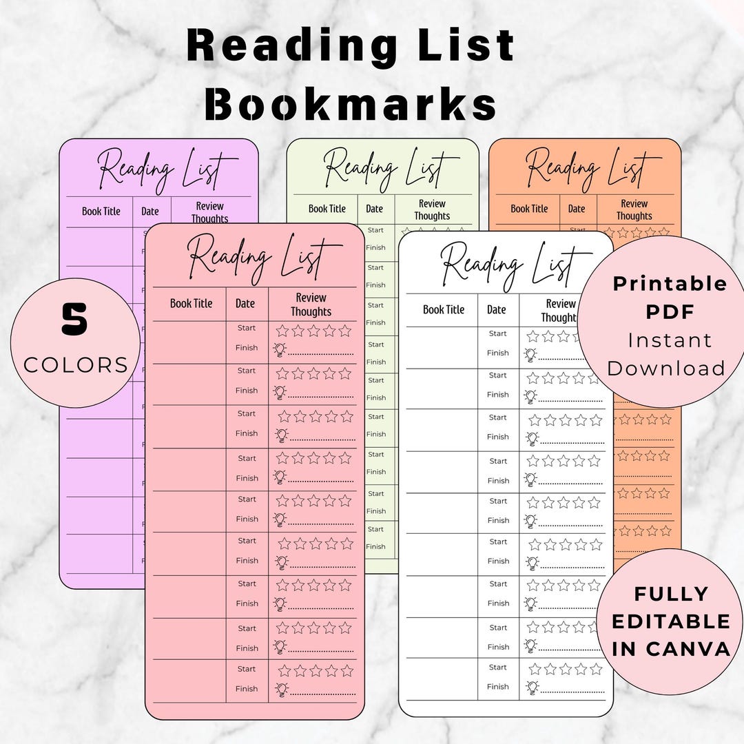 Reading List Bookmarks: Editable Book Tracker (printable PDF) - Etsy