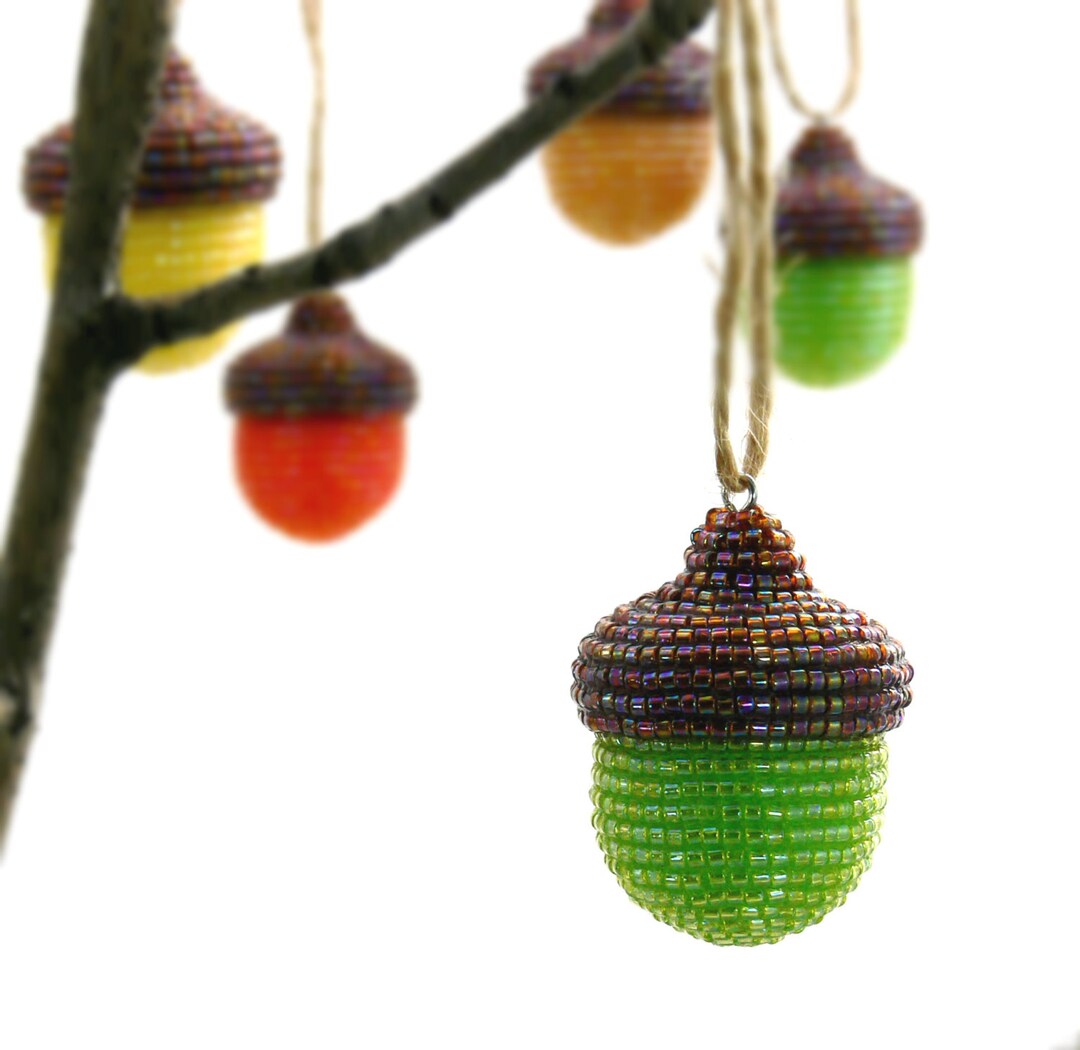Acorn Christmas Ornament Green Holiday Decoration Beaded Woodland ...