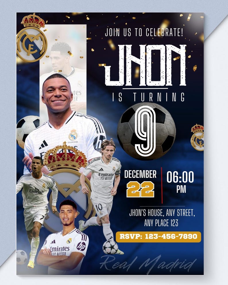 Plantilla de invitación de cumpleaños del Real Madrid editable en Canva ...