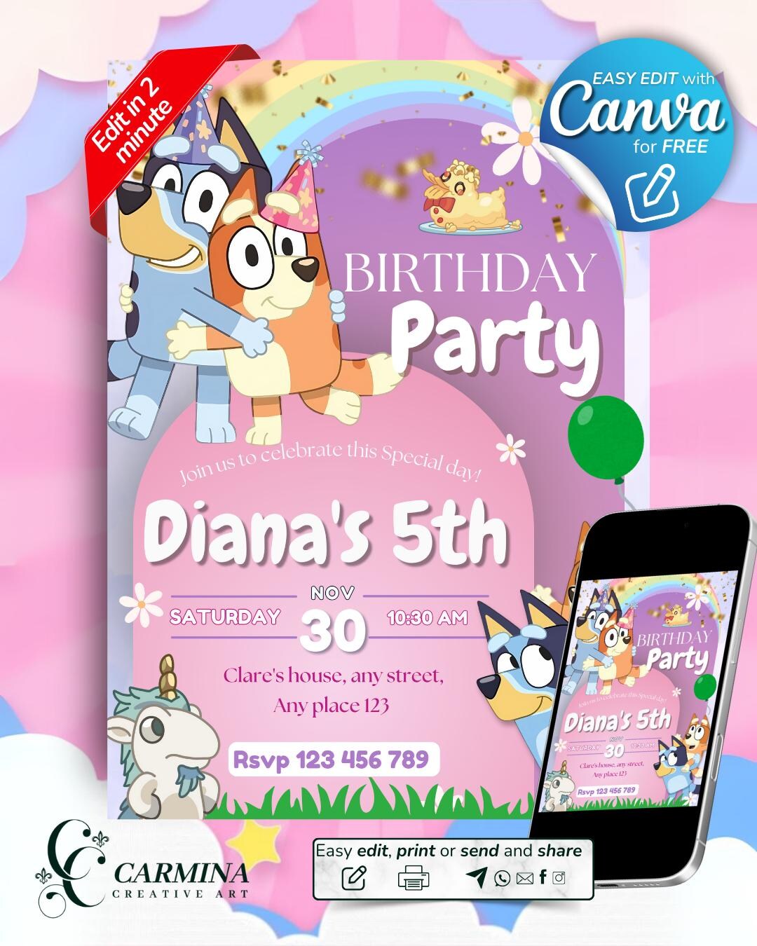 Bluey Pink Template Birthday Invitation Editable in Canva, Bluey Girl ...