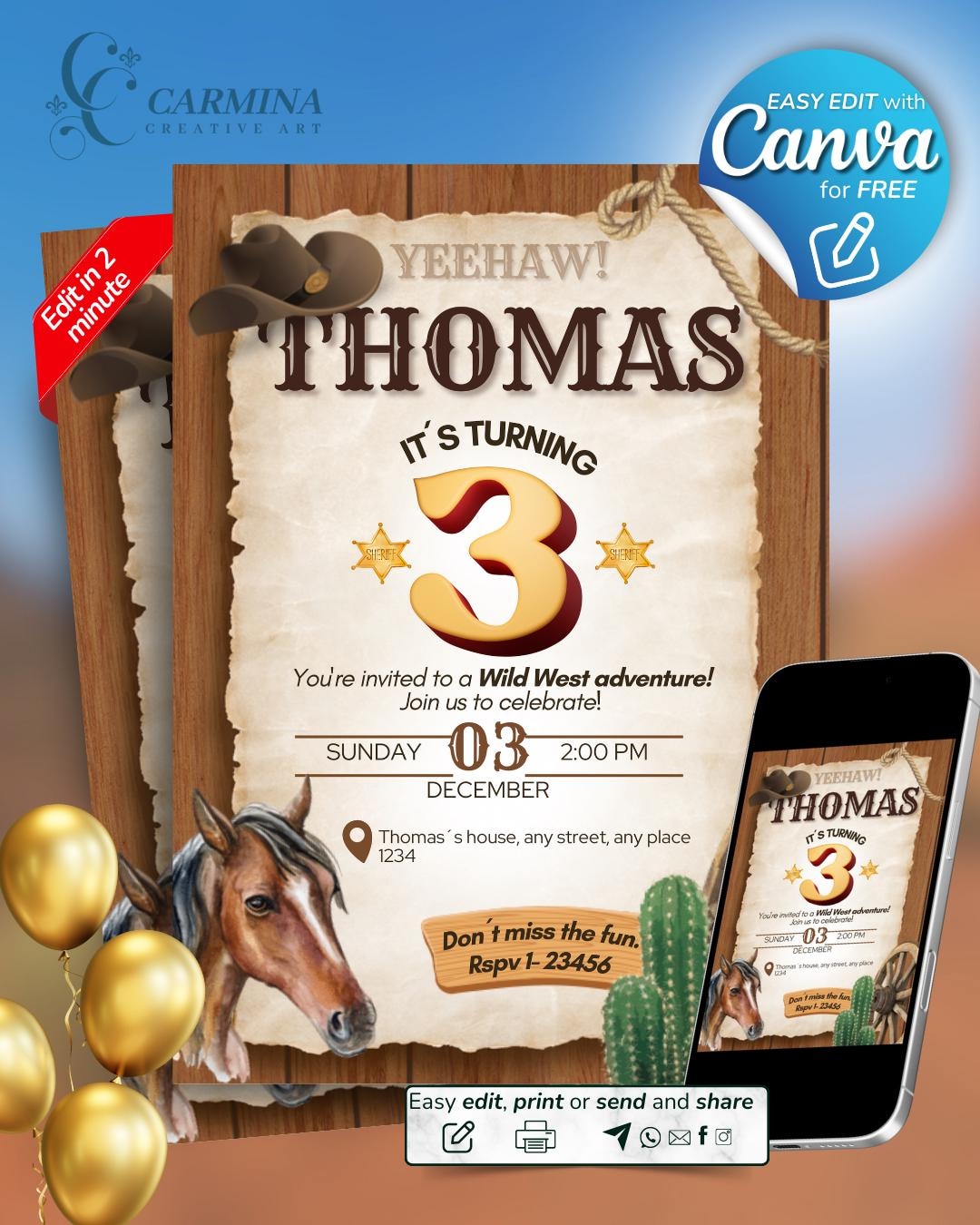 Editable Cowboy Birthday Invitation: Rustic Western Theme (digital or ...