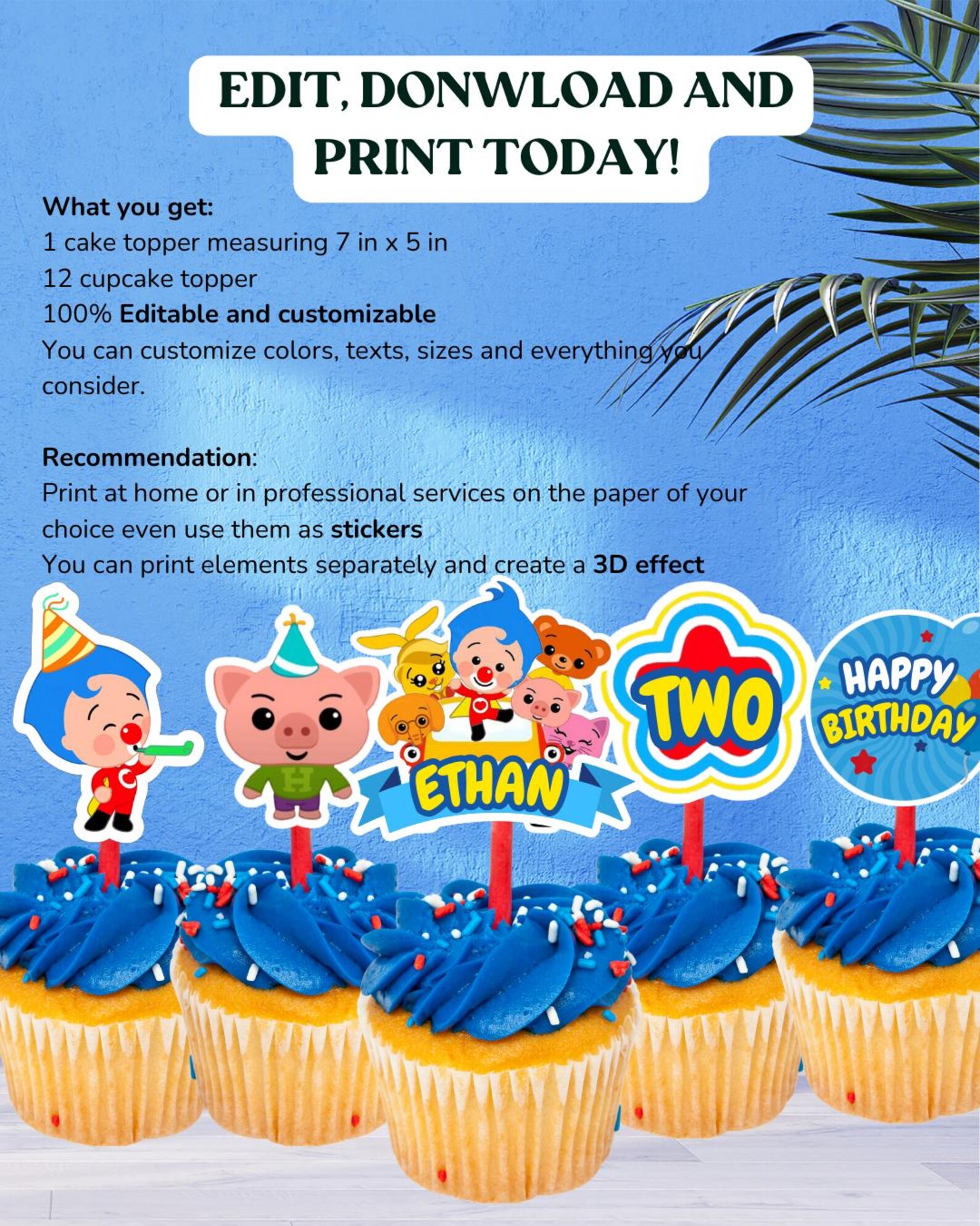 Plim Plim Cake Topper and Cupcake Topper Editable in Canva, Plim Plim ...