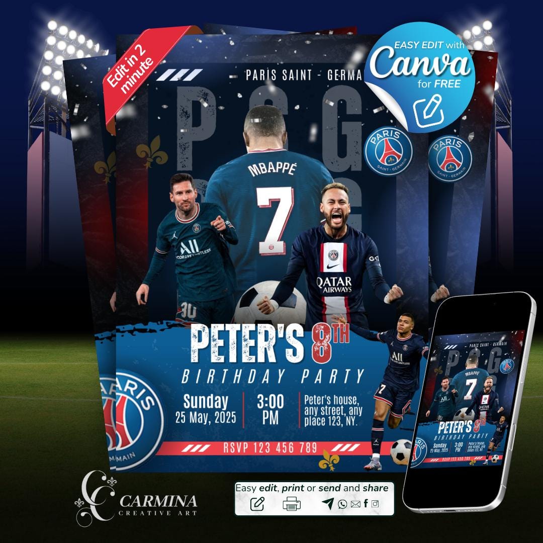 PSG Birthday Invitation: Messi, Mbappe, Neymar Soccer Party (digital ...