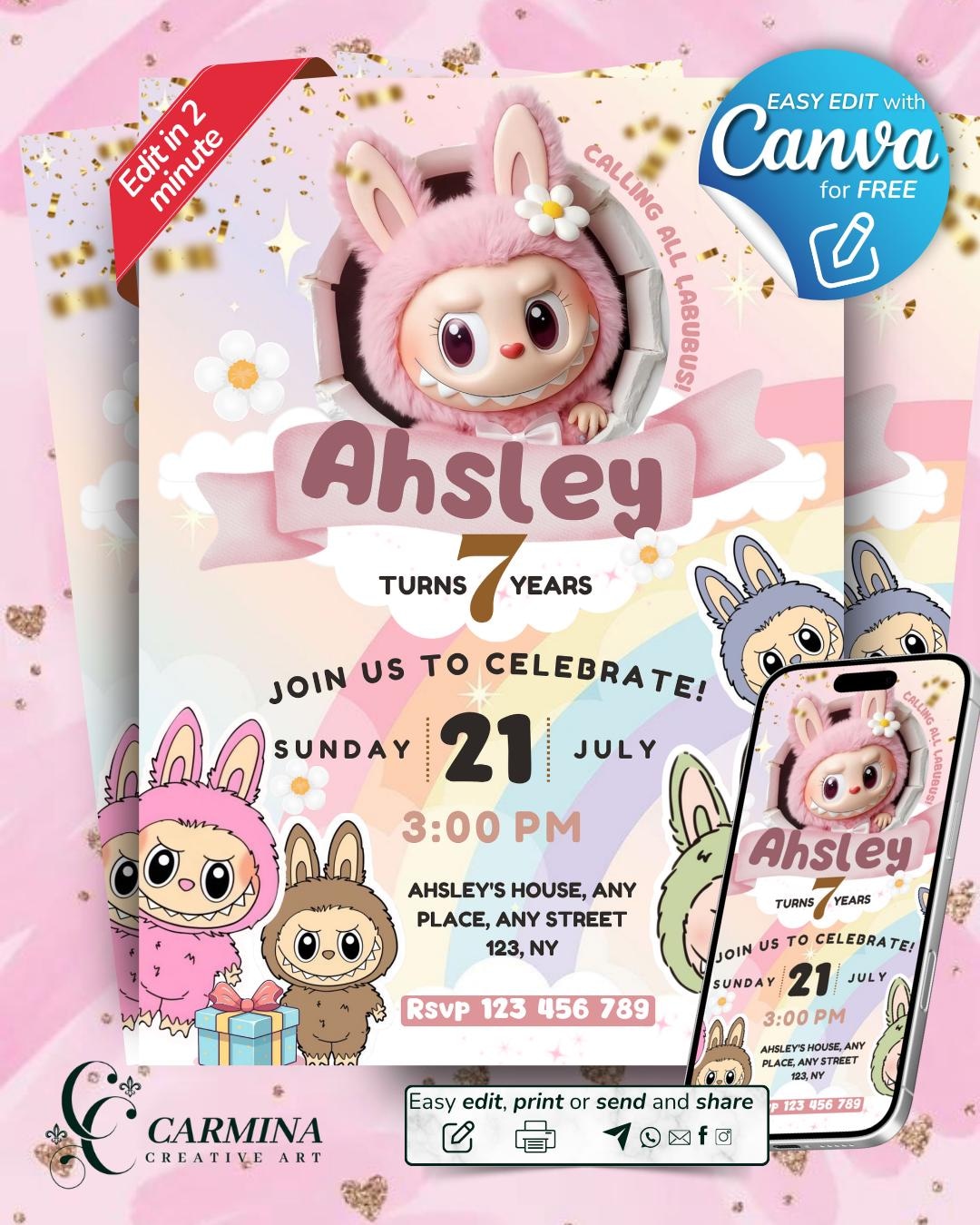 Cute Labubu Editable Birthday Invitation | Editable Invite Template in ...
