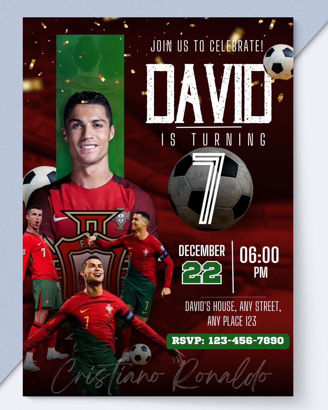 Cristiano Ronaldo Birthday Invitation: CR7 Soccer Party Theme (canva ...
