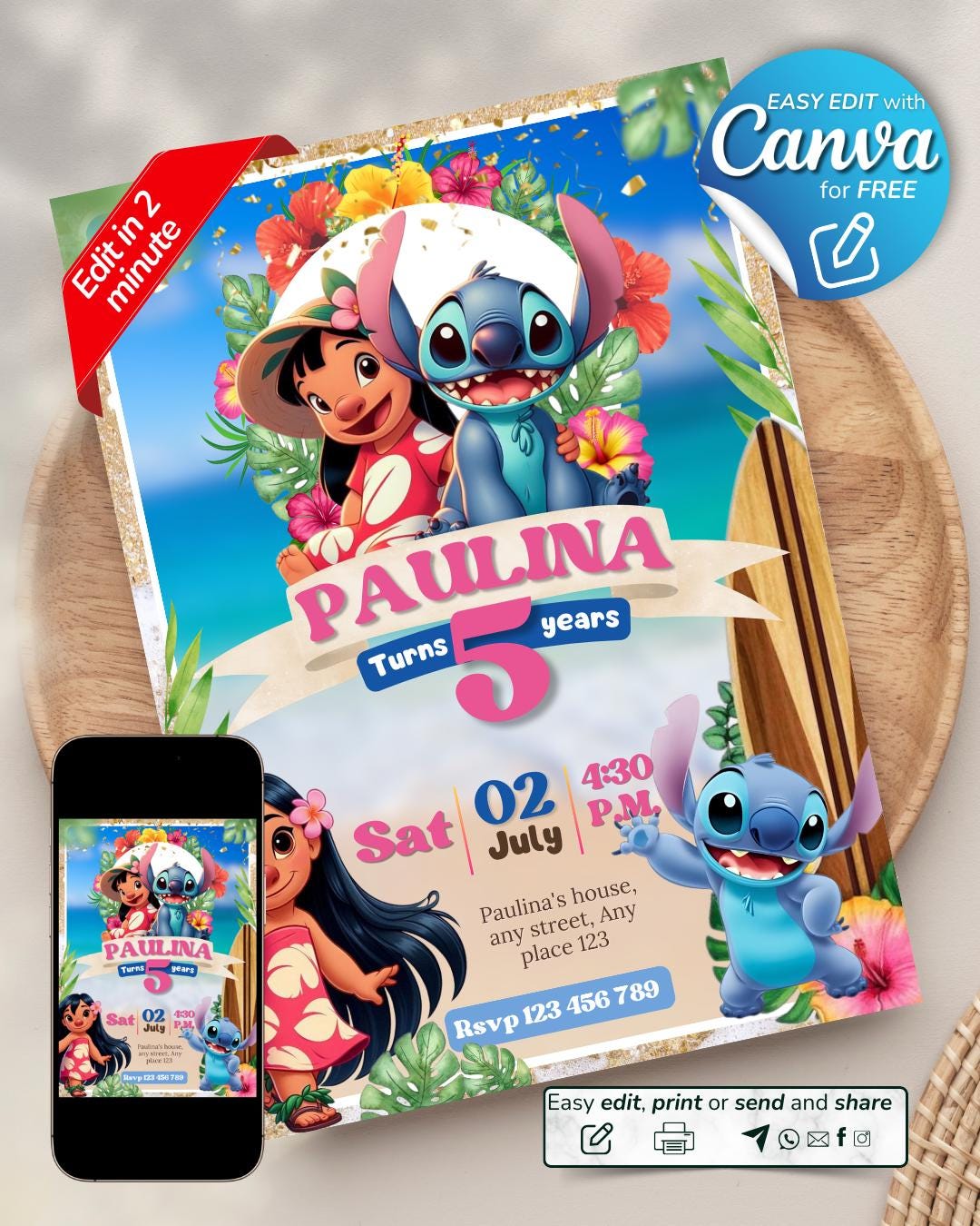 Lilo & Stich Birthday Invitation Template Editable in Canva, Hawaian ...