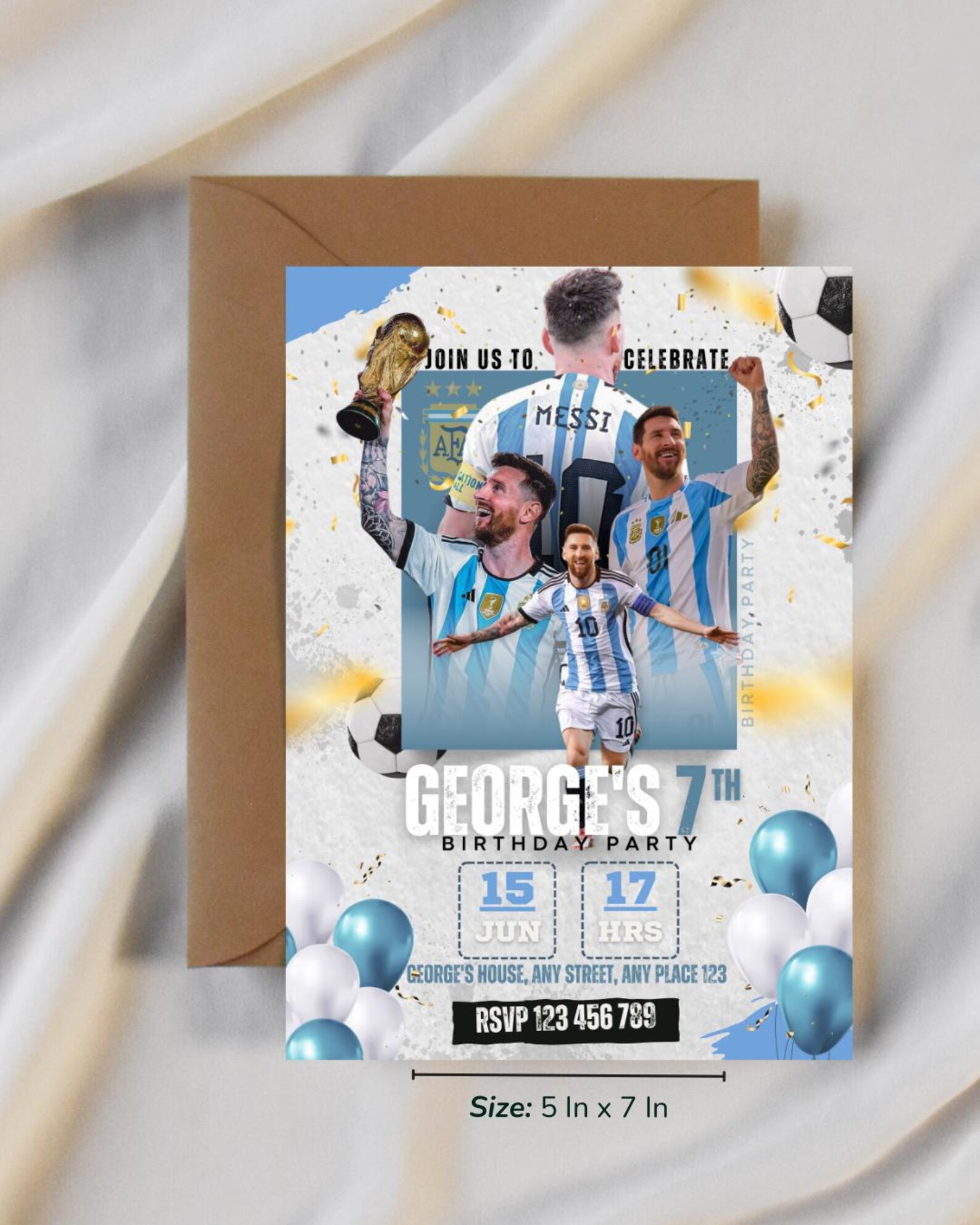 Messi Soccer Birthday Invitation: Editable Canva Template (5x7 Inches ...