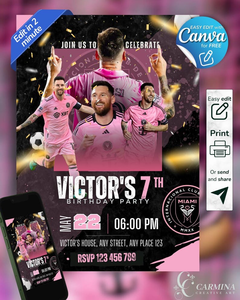Messi Inter FC Birthday Invitation Template Editable in Canva, Messi ...