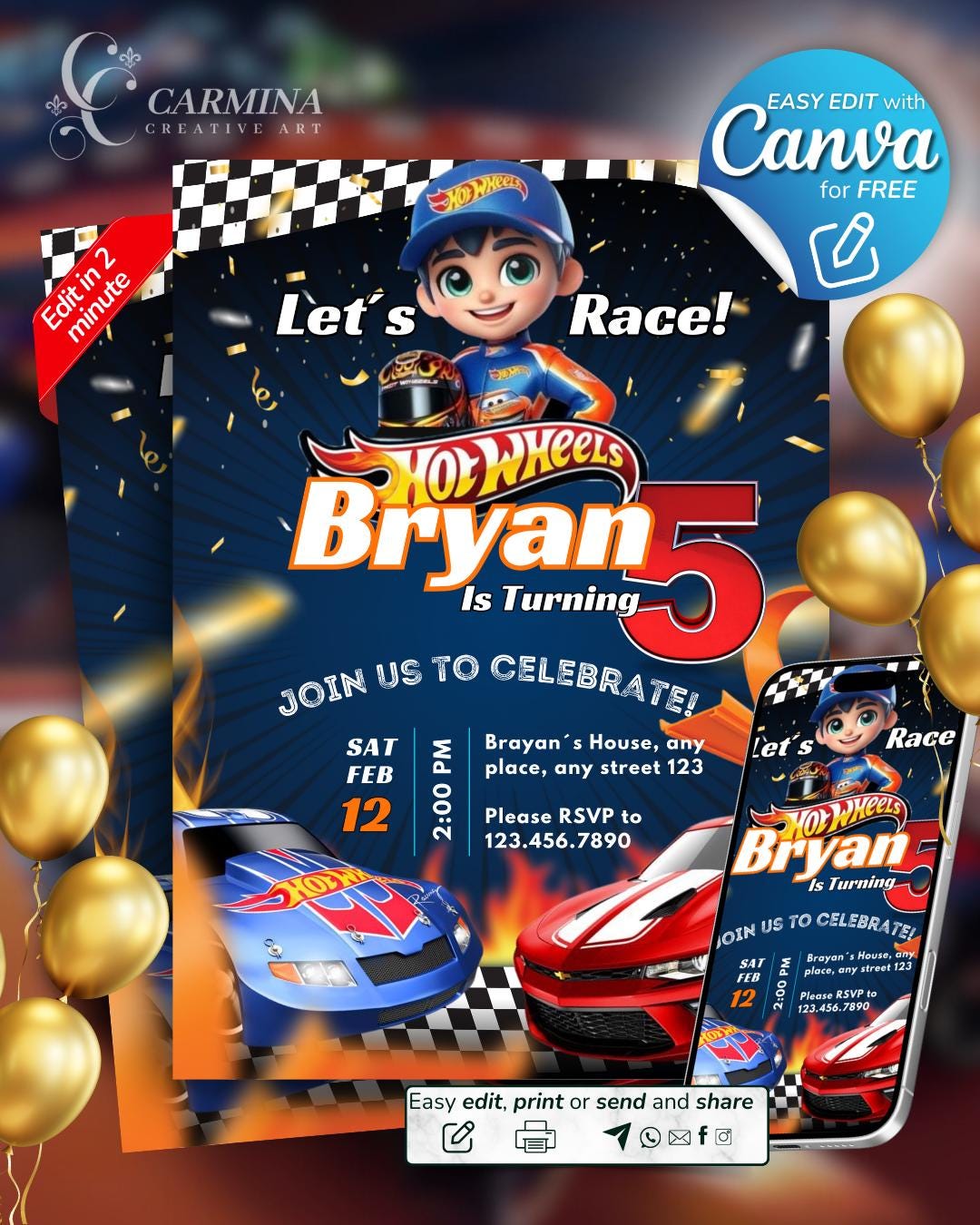 Editable Hot Wheels Birthday Invitation: Race Car Party Theme (canva ...