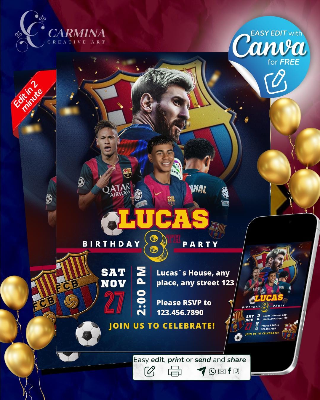 Barcelona FC Birthday Invitation: Editable Soccer Party Template, Messi ...