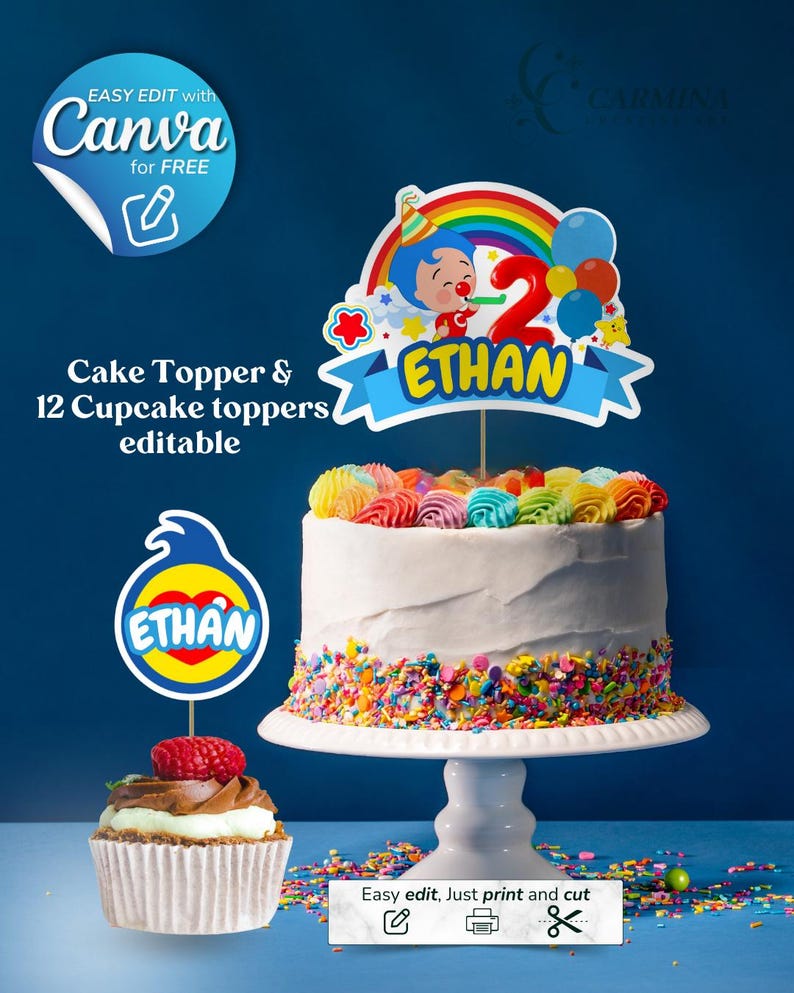Plim Plim Cake Topper and Cupcake Topper Editable in Canva, Plim Plim ...