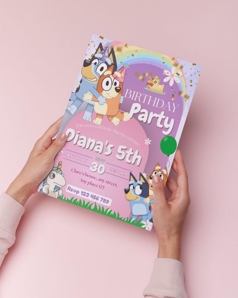 Bluey Pink Template Birthday Invitation Editable in Canva, Bluey Girl ...