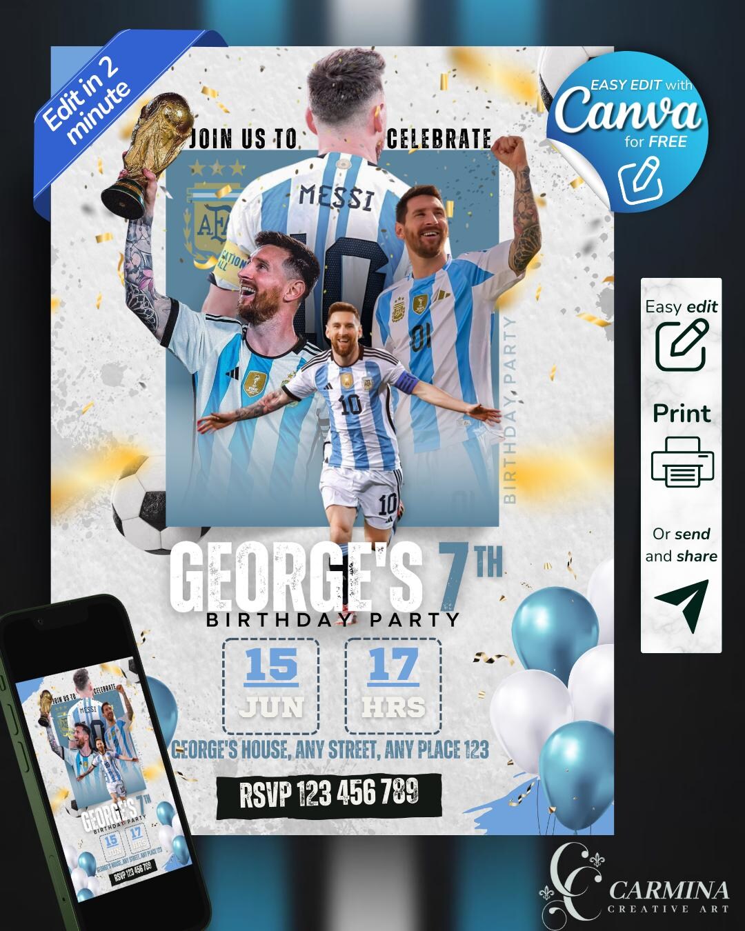 Template Messi Birthday Invitation Editable in Canva, Soccer Birthday ...