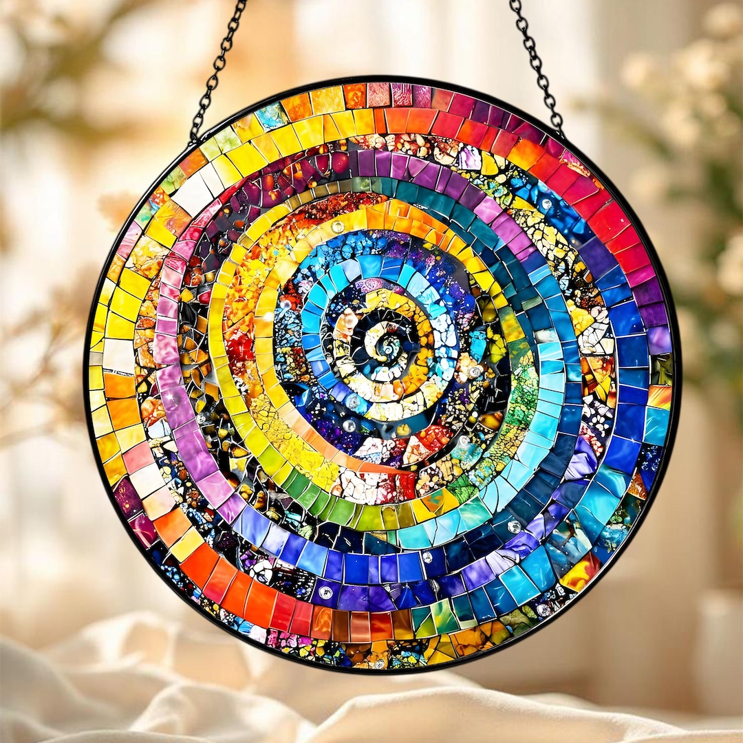 Rainbow Spiral Glass Suncatcher, Mosaic Style Window Hanging, Colorful ...