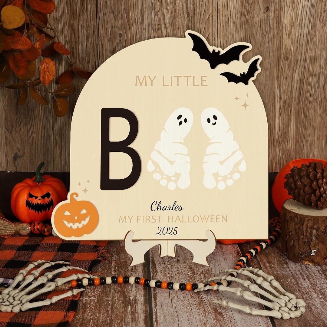 Baby’s First Halloween Footprint Sign, DIY Little Boo Wooden Board ...