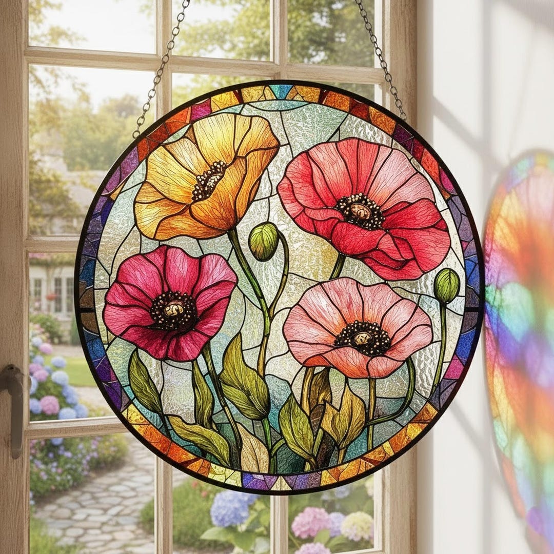 Poppy Flowers Suncatcher, Stained Glass Botanical Window Hanging, Round ...