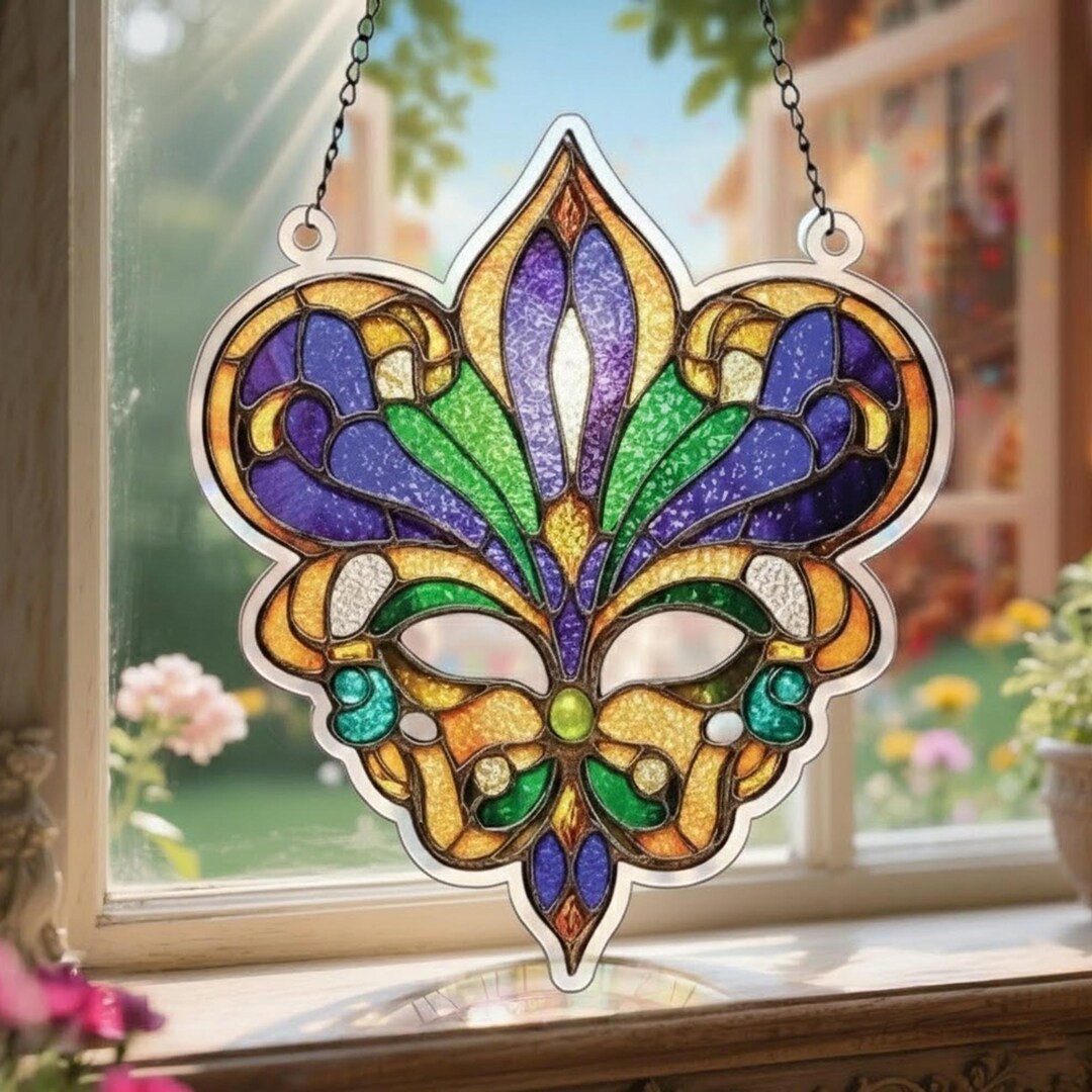 Mardi Gras Mask Acrylic Suncatcher, Carnival Window Decor, Masquerade ...