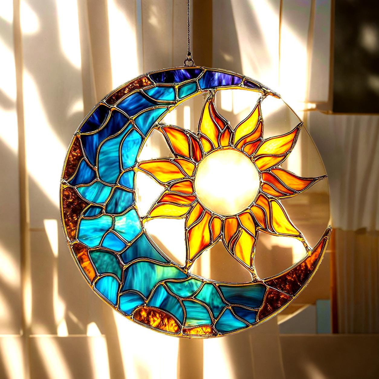 Celestial Sun and Moon Acrylic Suncatcher, Radiant Faux Stained Glass ...
