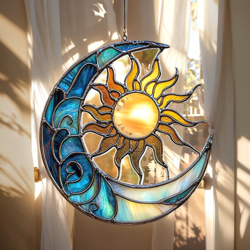 Celestial Sun and Moon Acrylic Suncatcher, Radiant Faux Stained Glass ...
