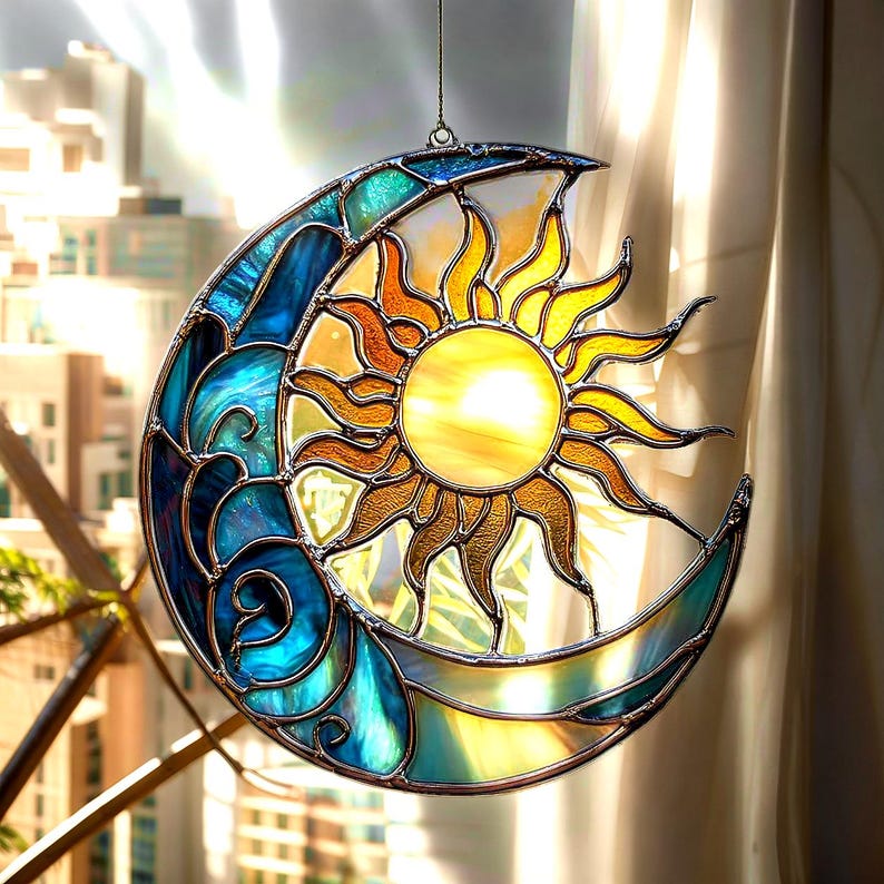 Celestial Sun and Moon Acrylic Suncatcher, Radiant Faux Stained Glass ...