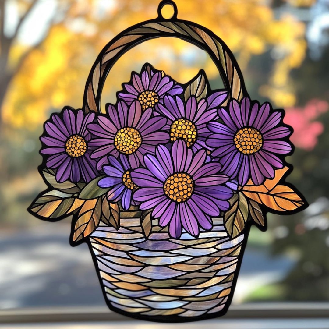 September Birth Flower Aster Suncatcher, Acrylic Stained Glass Effect ...