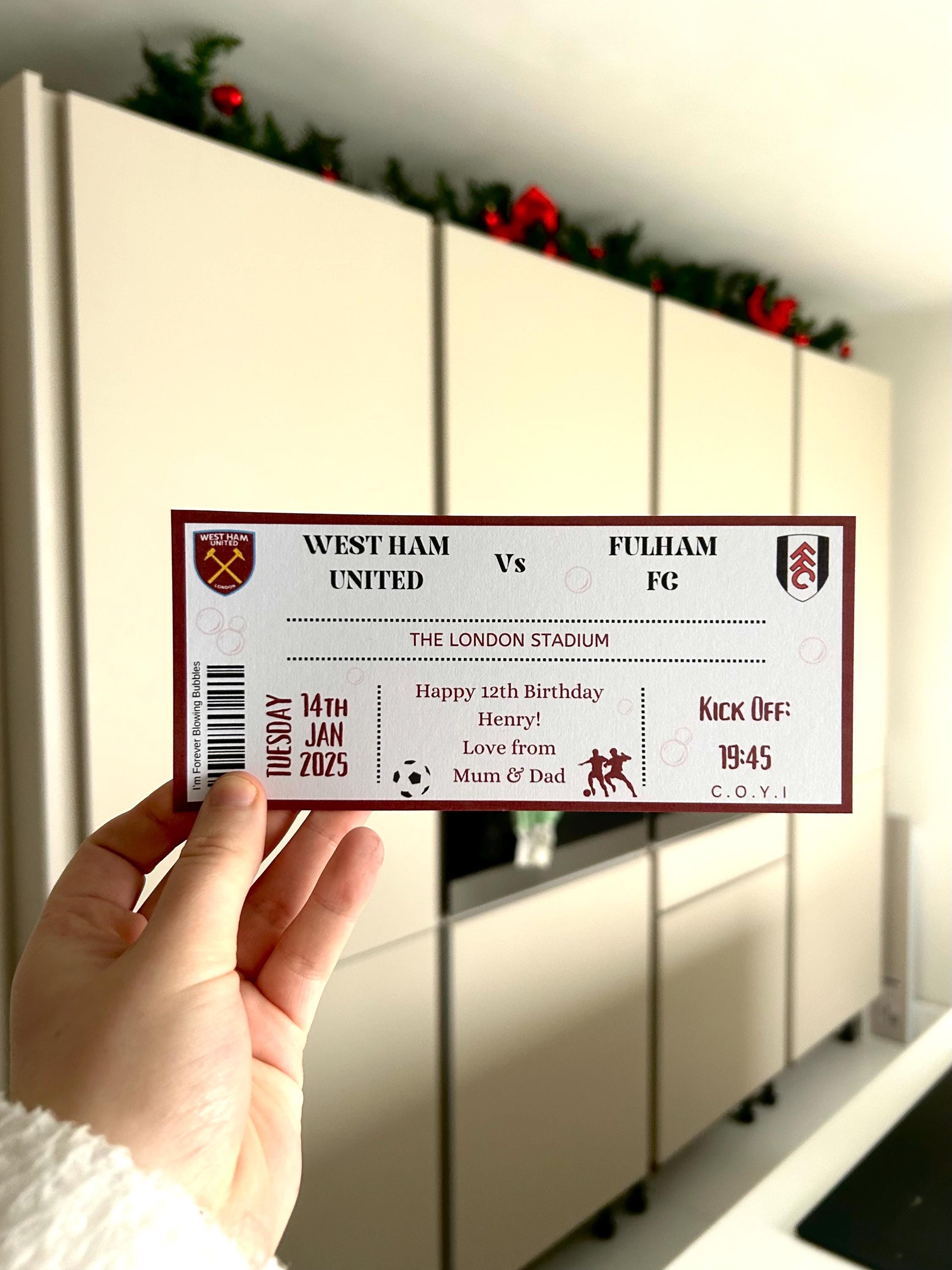 Digital Personalised Football Ticket *ANY TEAM* / Personalised Football ...