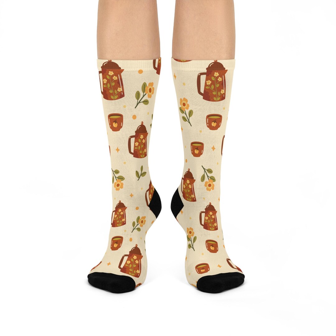 Vintage Coffee Lover Crew Socks Floral Coffee Pot and Cup Design - Etsy