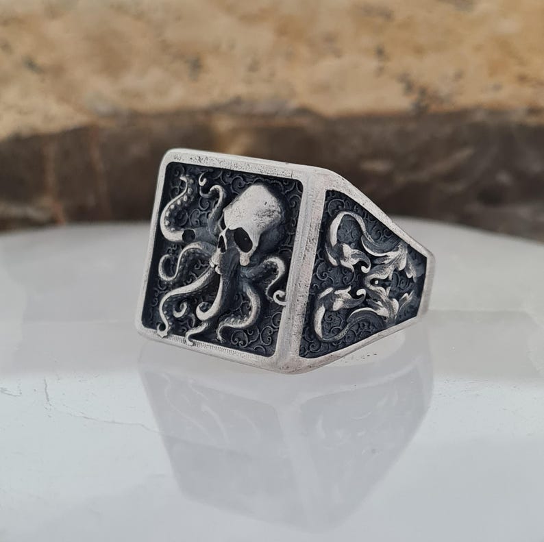 Skull Octopus Ring: Handmade 925 Sterling Silver Kraken Tentacle Signet ...