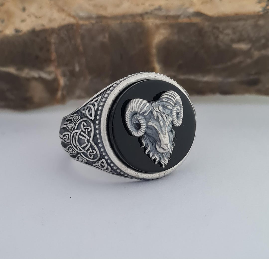 Handmade Sterling Silver Viking Ram Head Ring: Black Onyx Celtic ...