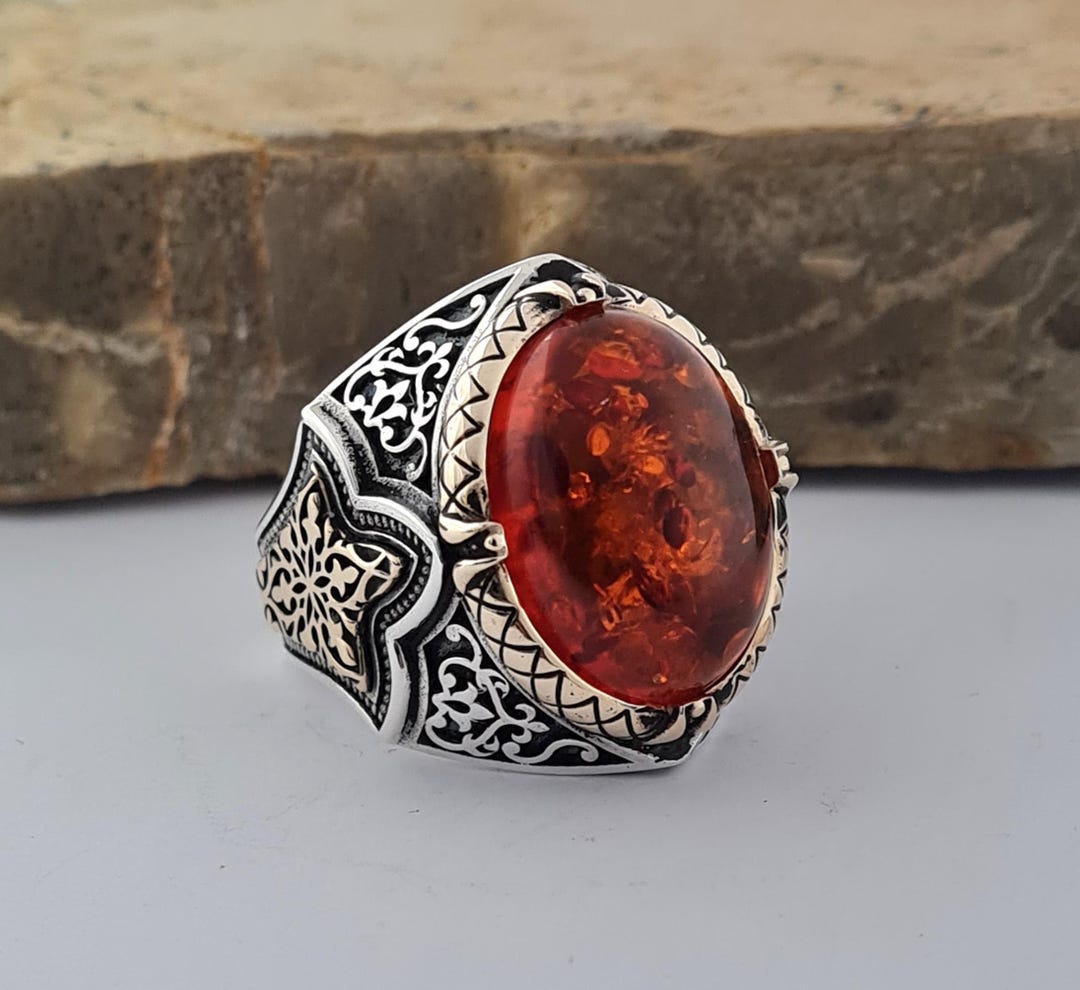 Handcrafted Sterling Silver Amber Ring: Unisex Statement Jewelry - Etsy