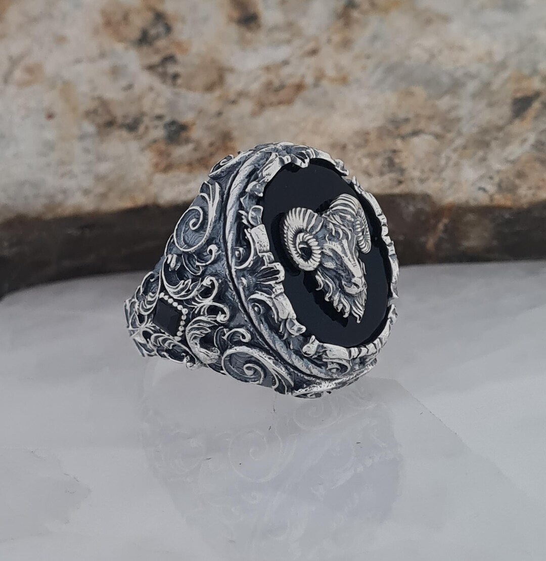 Handmade Sterling Silver Ram Head Ring: Black Onyx Aries Signet - Etsy