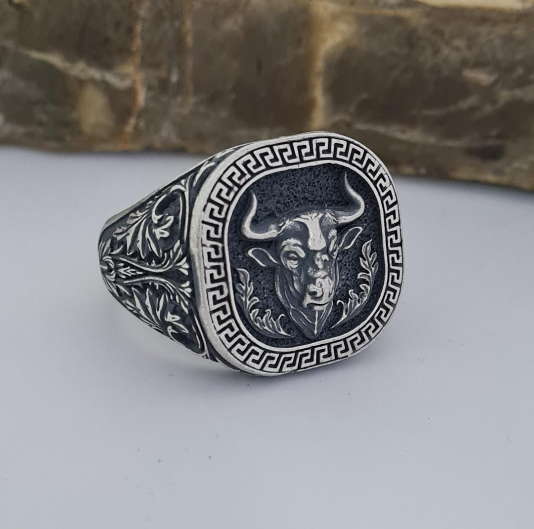 Handcrafted Sterling Silver Bull Head Signet Ring: Taurus Zodiac ...