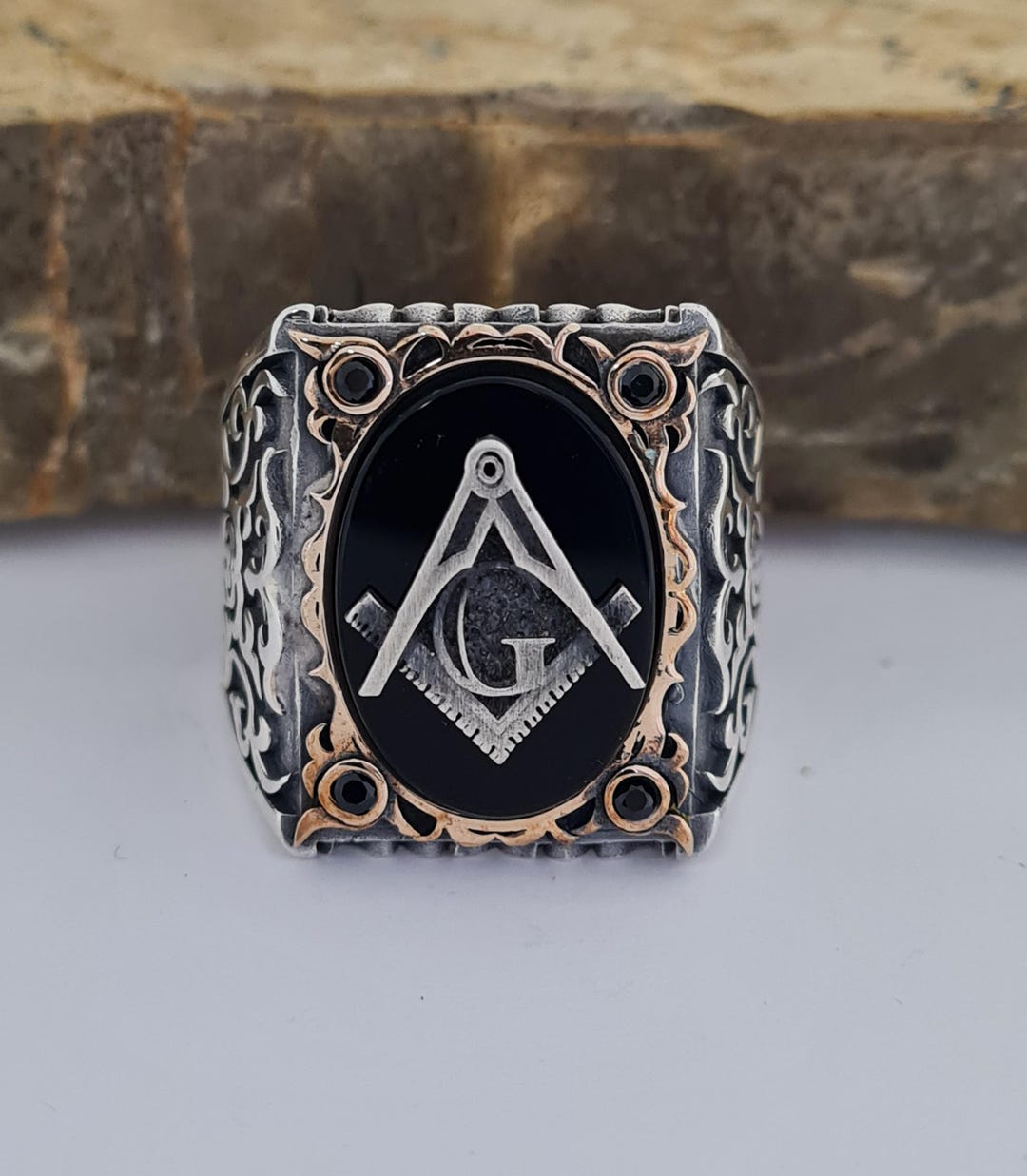 Handmade 925 Sterling Silver Onyx Masonic Ring- With Symbolic Freemason ...