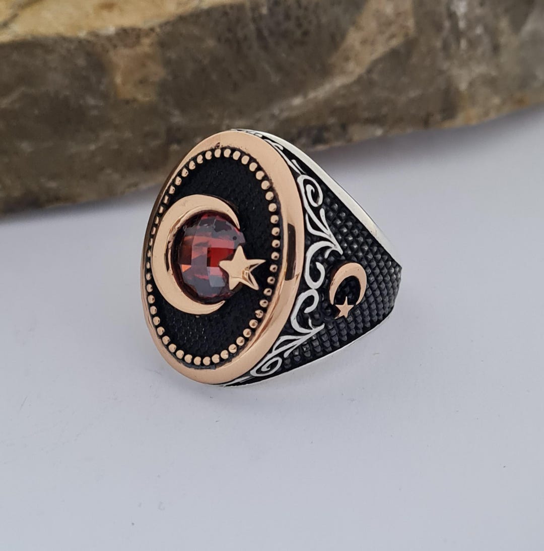 Turkish Crescent Moon and Star Ring, Sterling Silver With Rose Gold ...