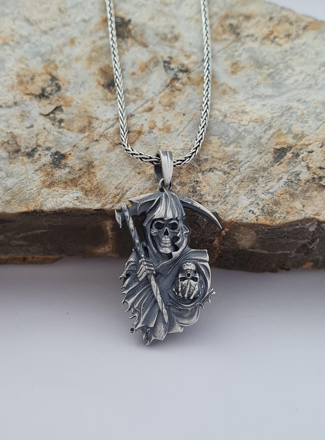 Handmade Sterling Silver Grim Reaper Pendant: Gothic Skull Scythe ...