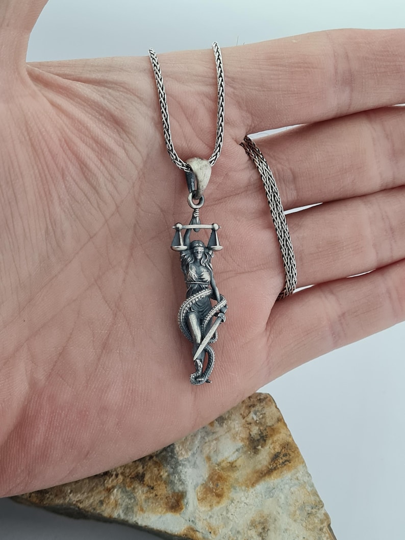 Handcrafted Sterling Silver Lady Justice Necklace: Oxidized Vintage ...