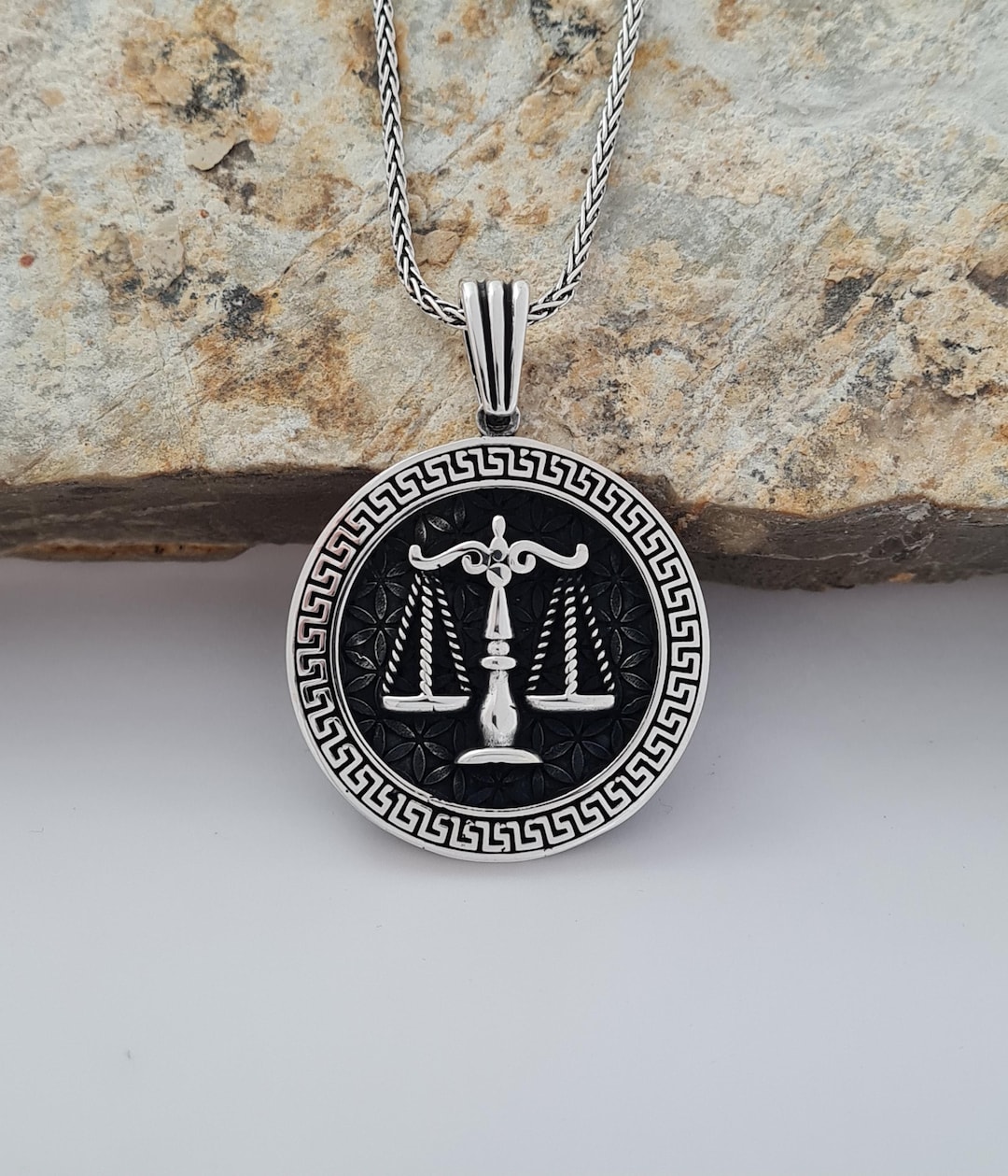 Scales Medallion Necklace 925K Silver, Libra Necklace Sterling Silver ...